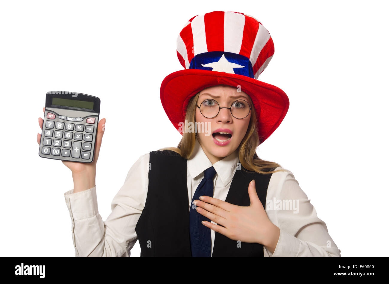 Woman with calculator isolated on white Stock Photo - Alamy