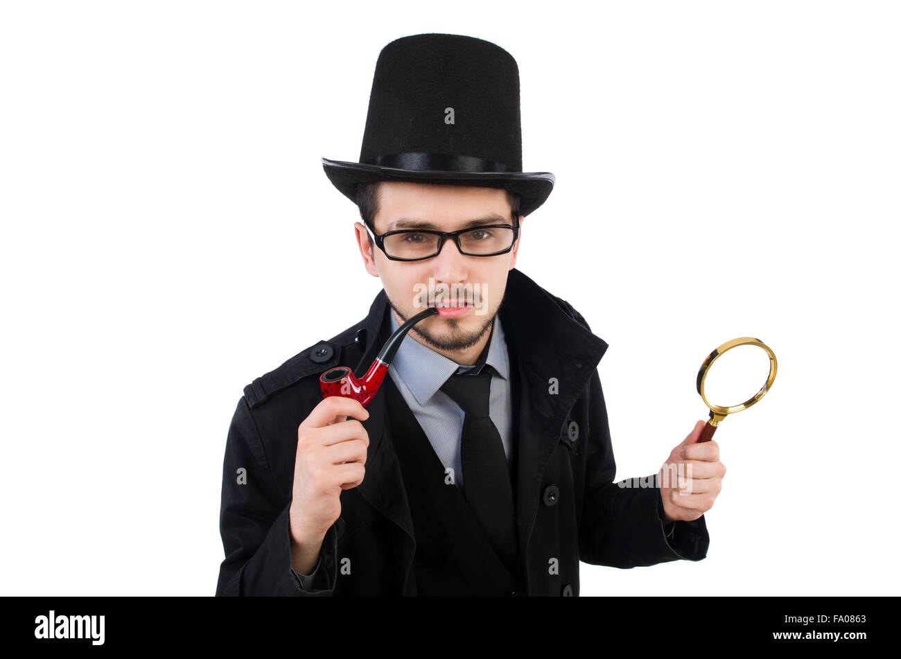 Young detective with magnifying glass isolated on white Stock Photo - Alamy