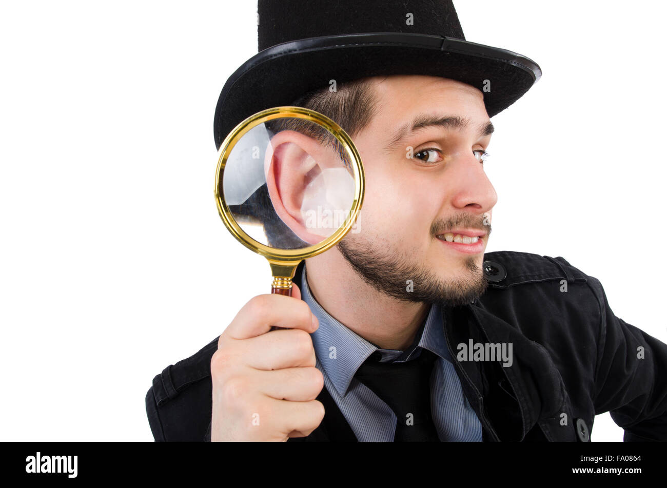 Young detective with magnifying glass isolated on white Stock Photo - Alamy