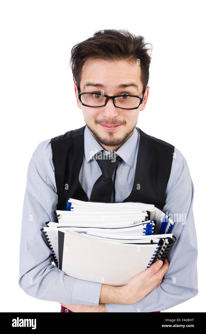 Office employee holding paper isolated on white Stock Photo - Alamy