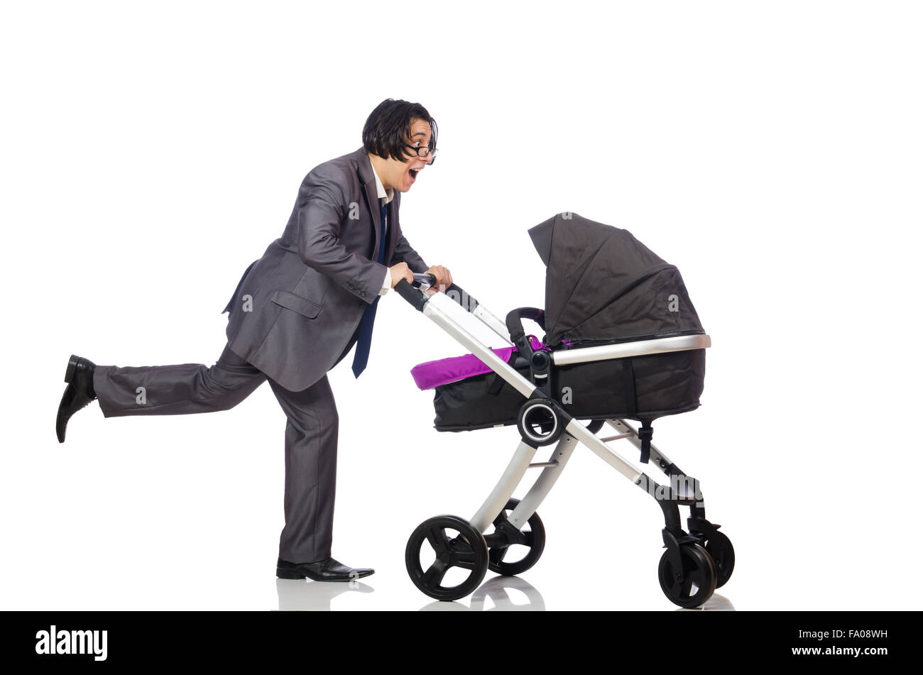Funny dad with baby and pram on white Stock Photo - Alamy