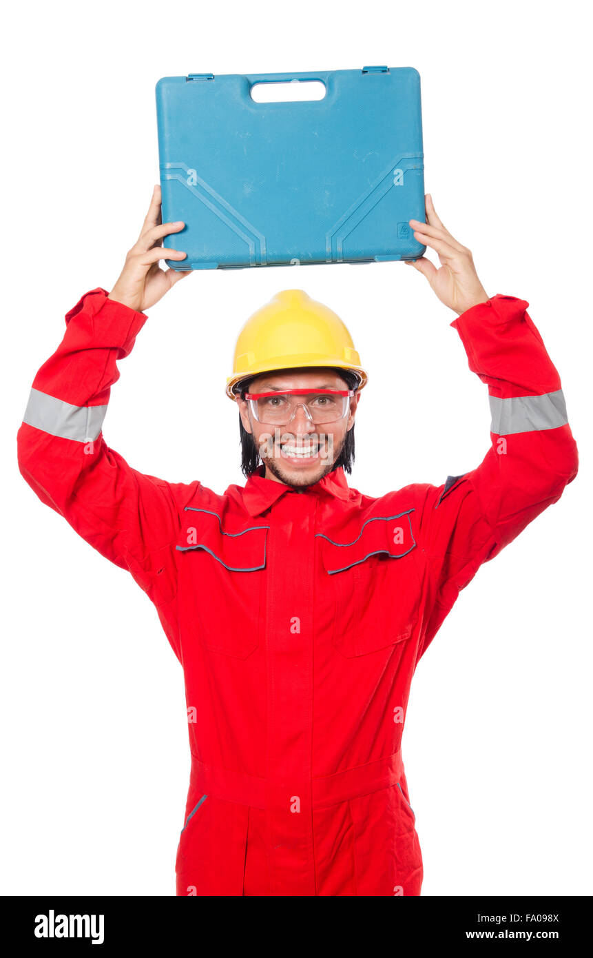 Man wearing red coveralls isolated on white Stock Photo - Alamy
