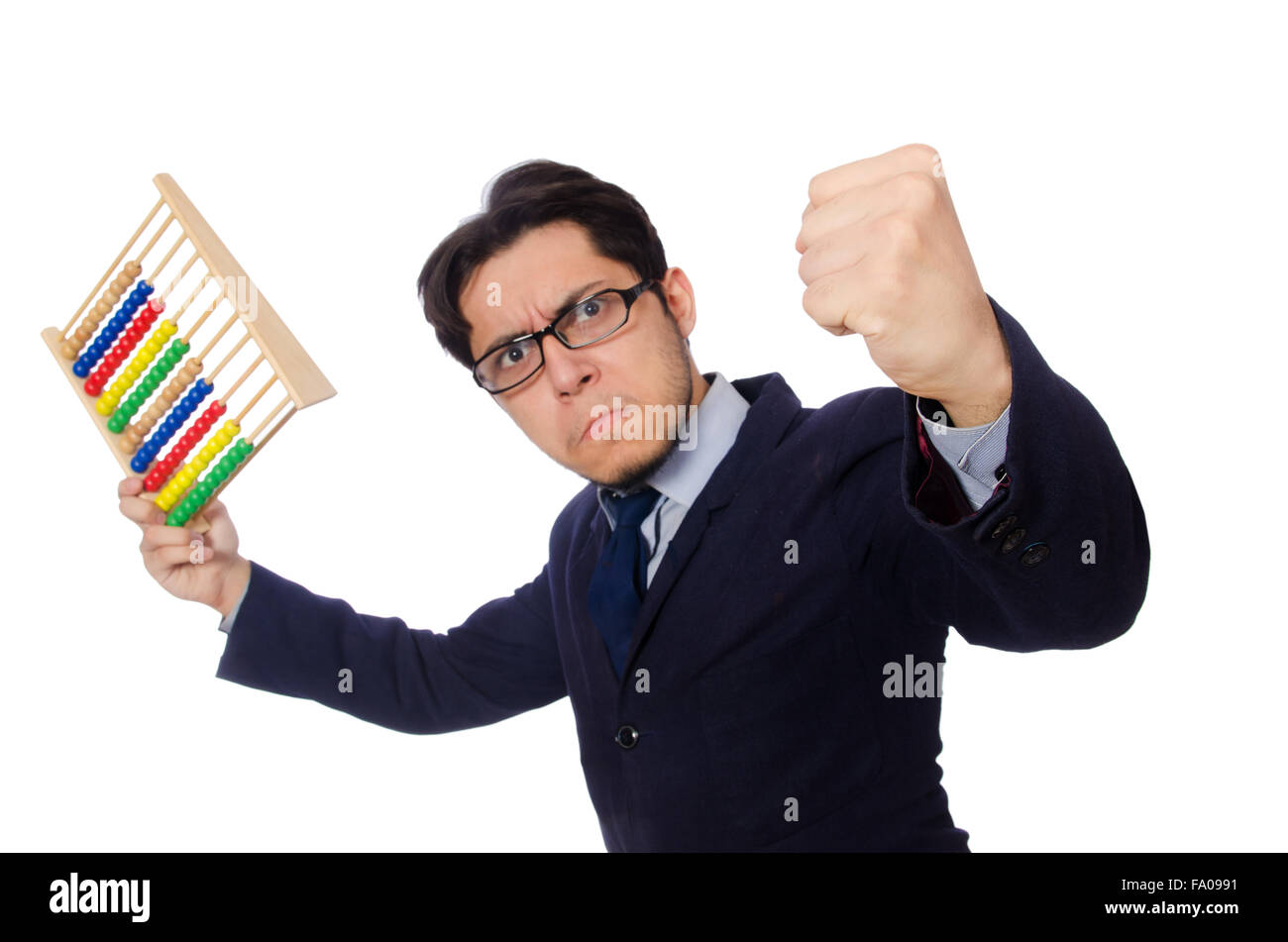 Angry accountant with abacus isolated on white Stock Photo - Alamy
