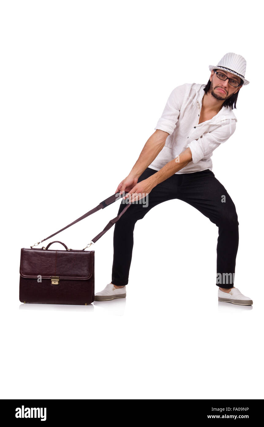 Young man with handbag and hat isolated on white Stock Photo - Alamy