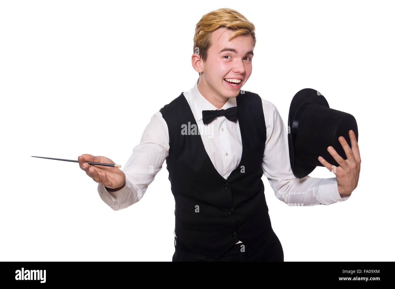 Magician with magic stick isolated on white Stock Photo - Alamy