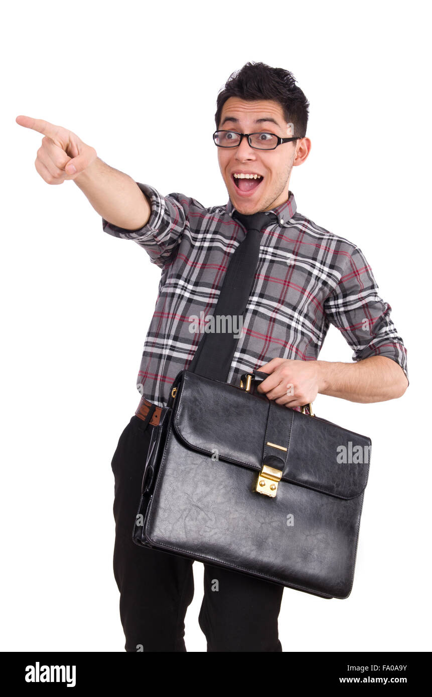 Young employee with backpack isolated on white Stock Photo - Alamy