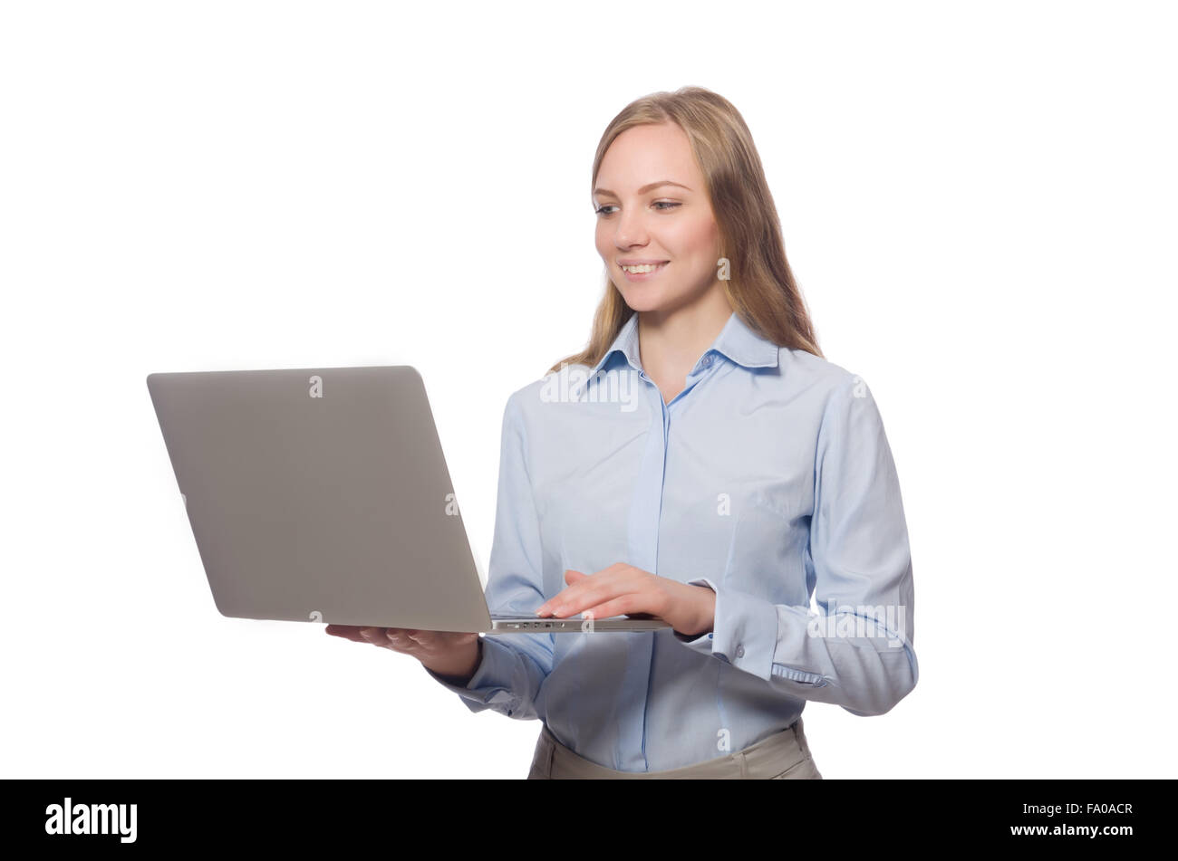 Office employee holding laptop isolated on white Stock Photo - Alamy