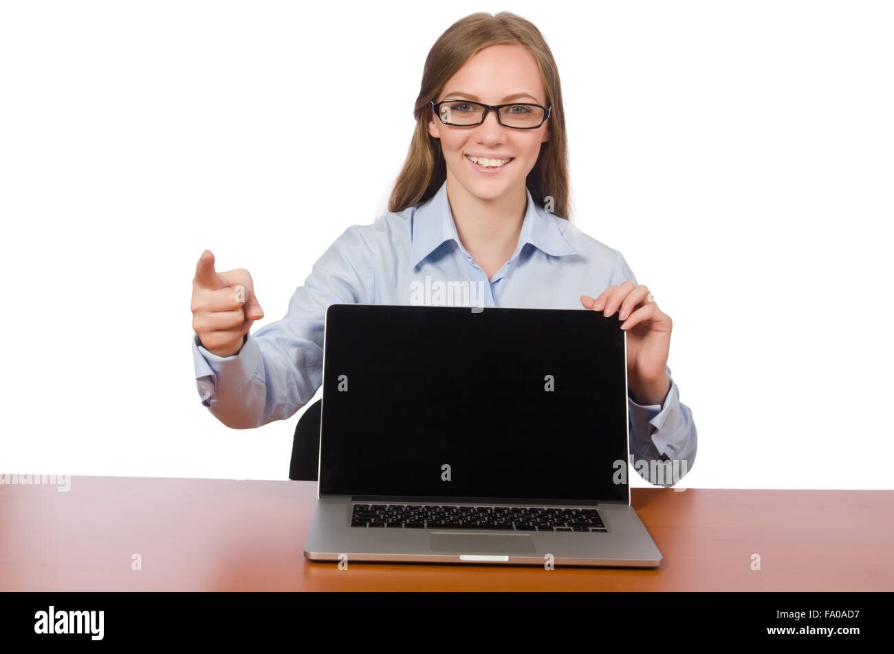 Office employee with laptop isolated on white Stock Photo - Alamy