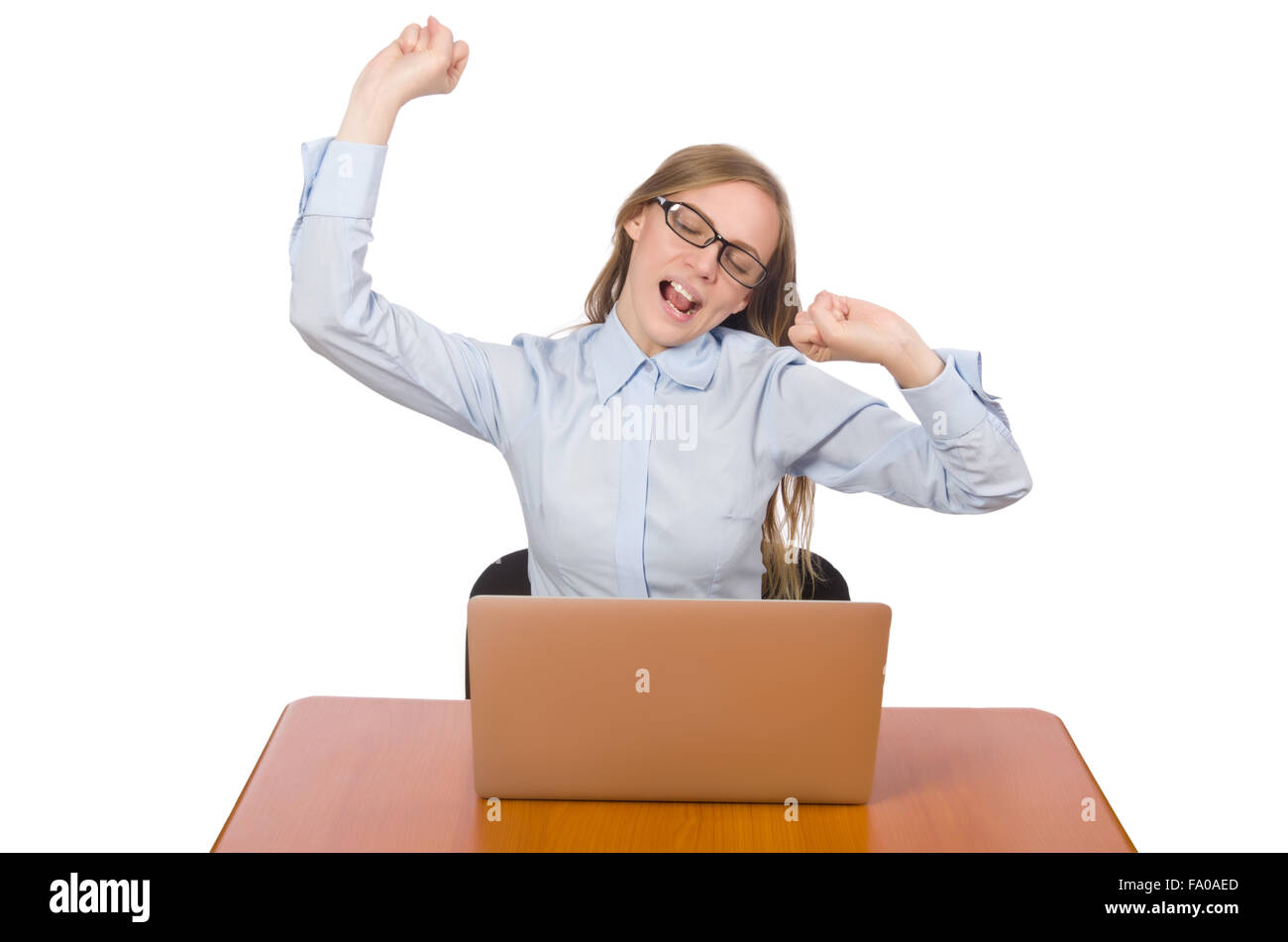 Office employee with laptop isolated on white Stock Photo - Alamy