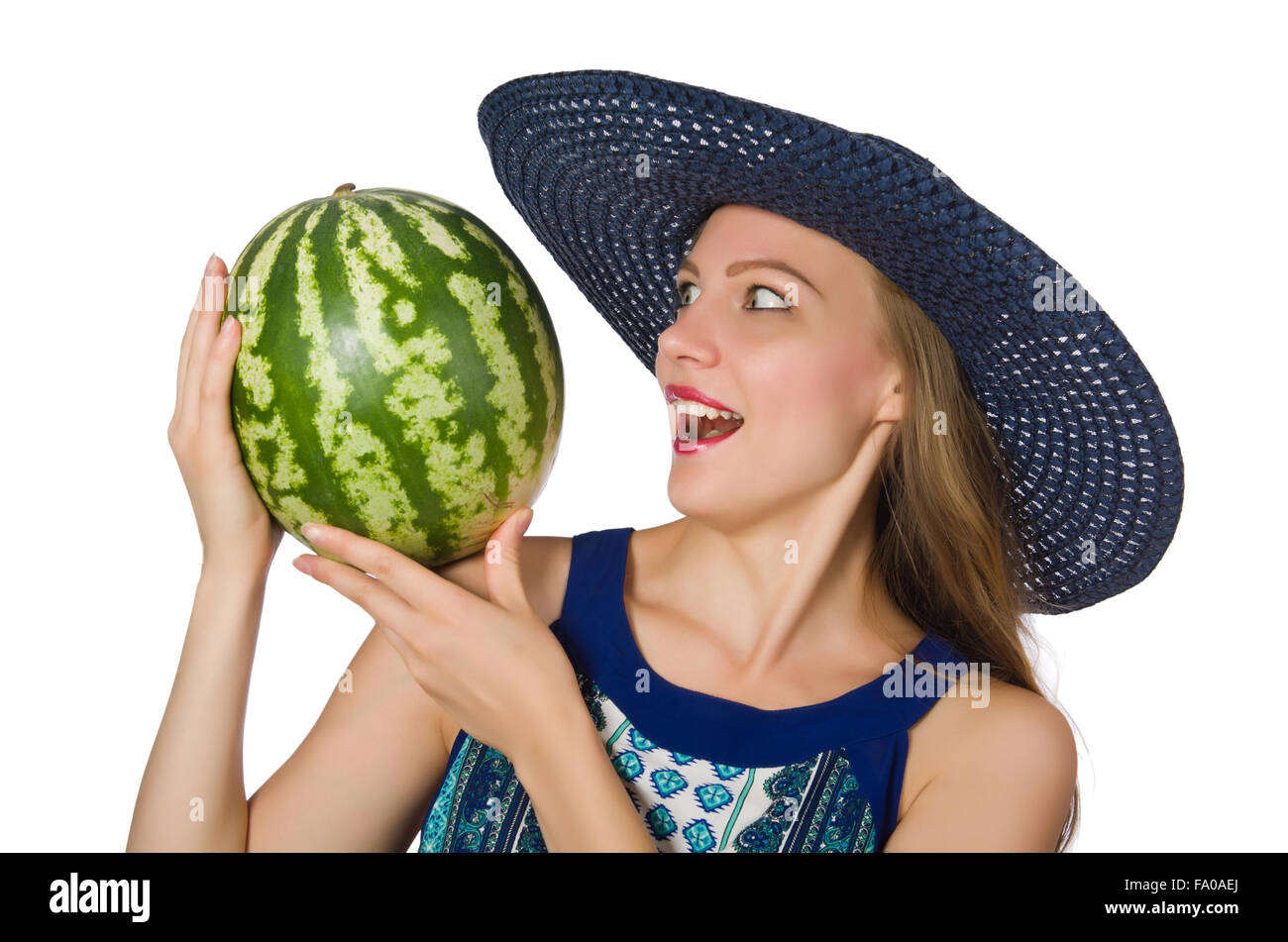 Woman with watermelon isolated on white Stock Photo - Alamy