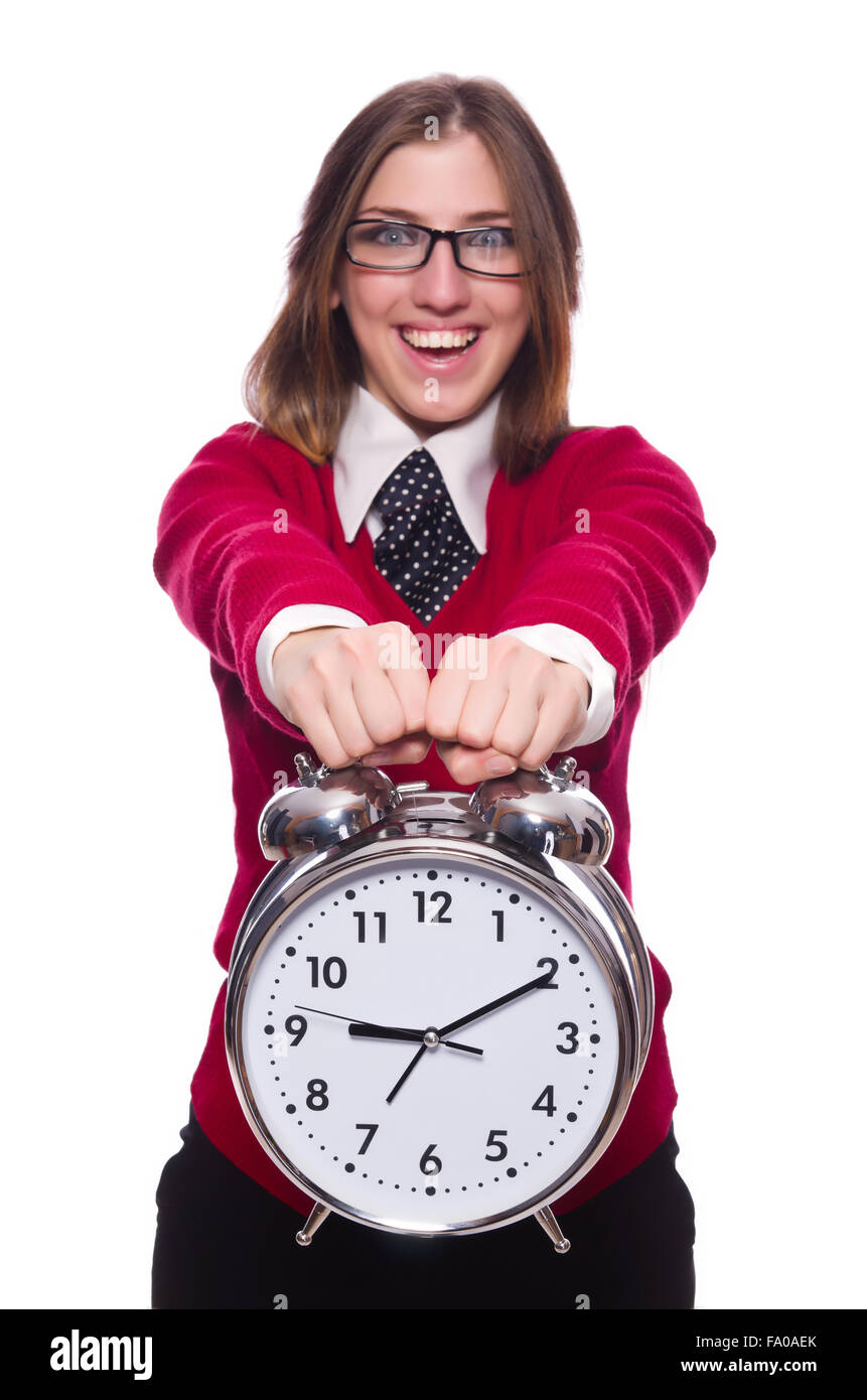 Office worker holding alarm clock isolated on white Stock Photo - Alamy