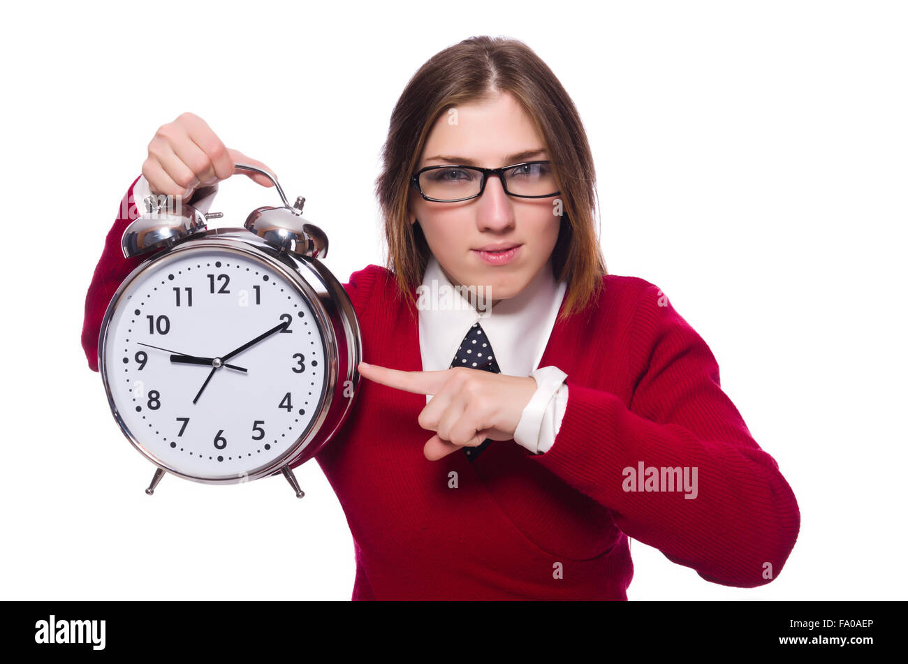 Office worker holding alarm clock isolated on white Stock Photo - Alamy