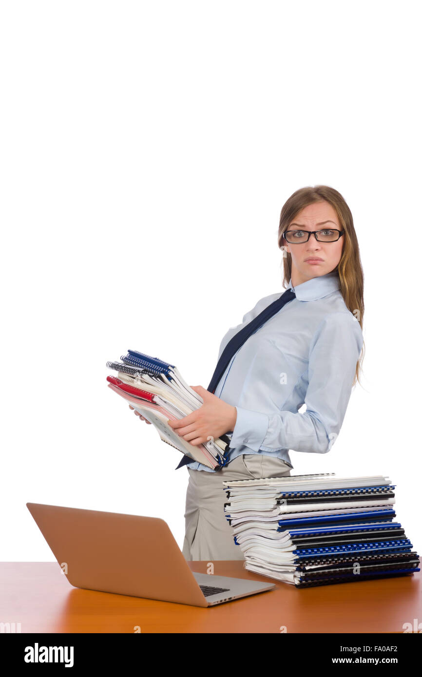 Office employee at work table isolated on white Stock Photo - Alamy