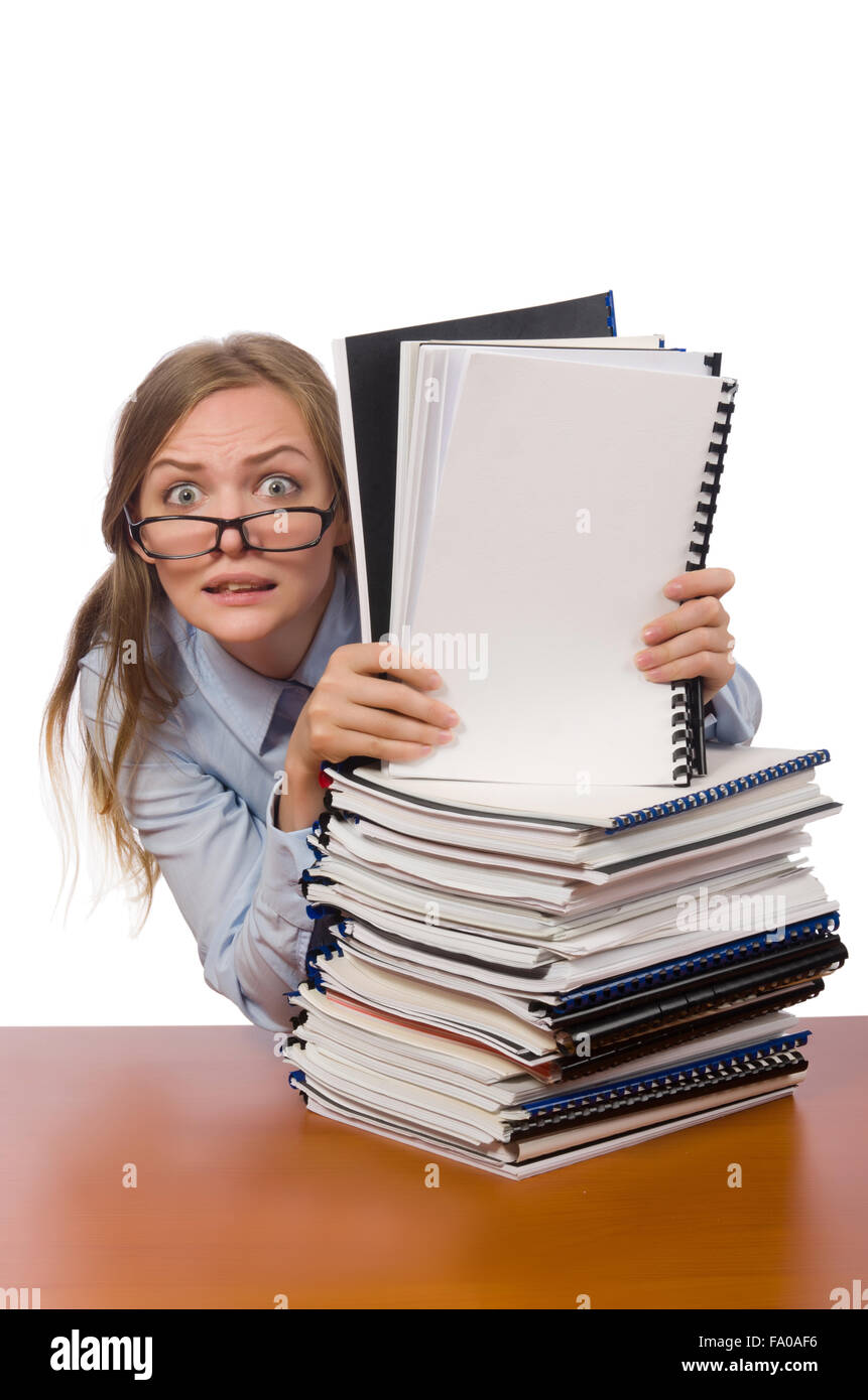 Office employee at work table isolated on white Stock Photo - Alamy