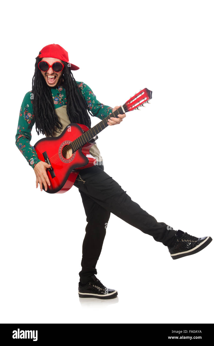 Man with guitar in musical concept on white Stock Photo - Alamy