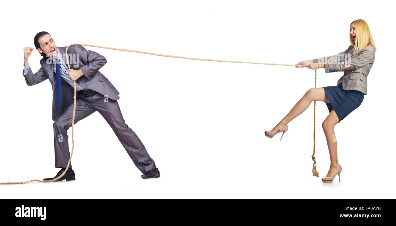 Businessman pulling rope on white Stock Photo - Alamy