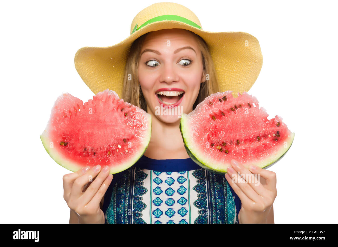 Woman with watermelon isolated on white Stock Photo - Alamy