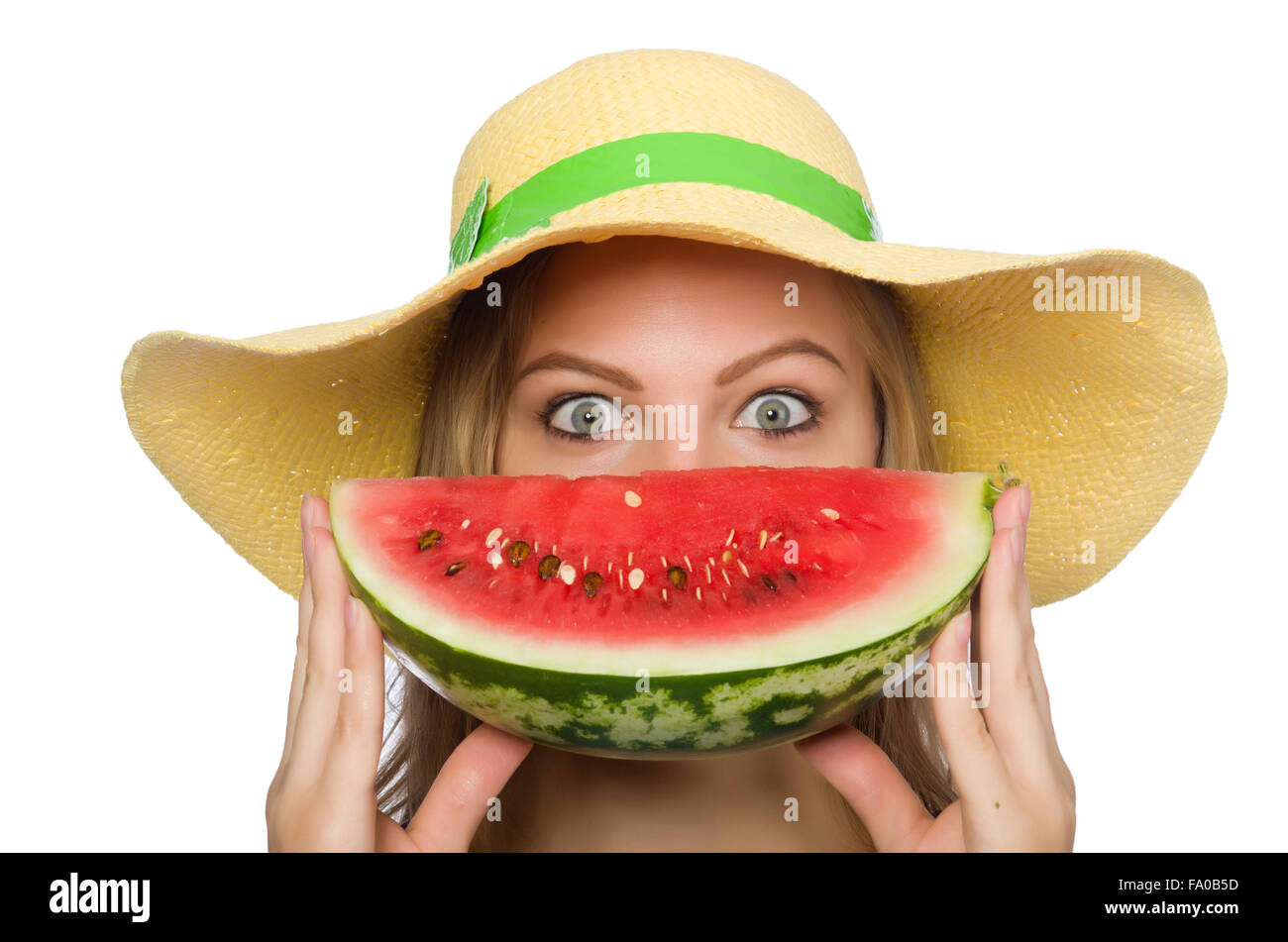 Woman with watermelon isolated on white Stock Photo - Alamy