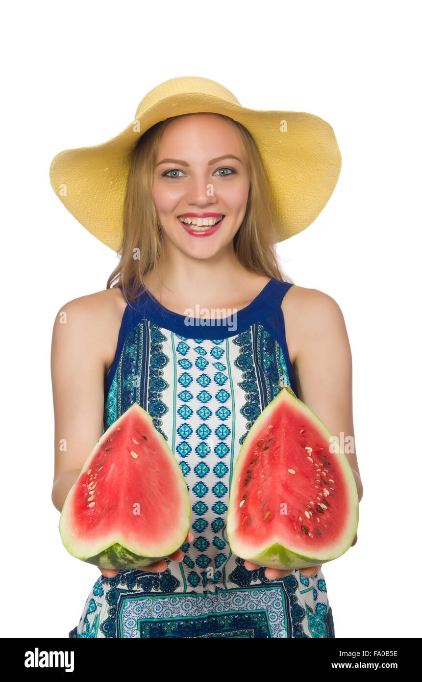 Woman with watermelon isolated on white Stock Photo - Alamy