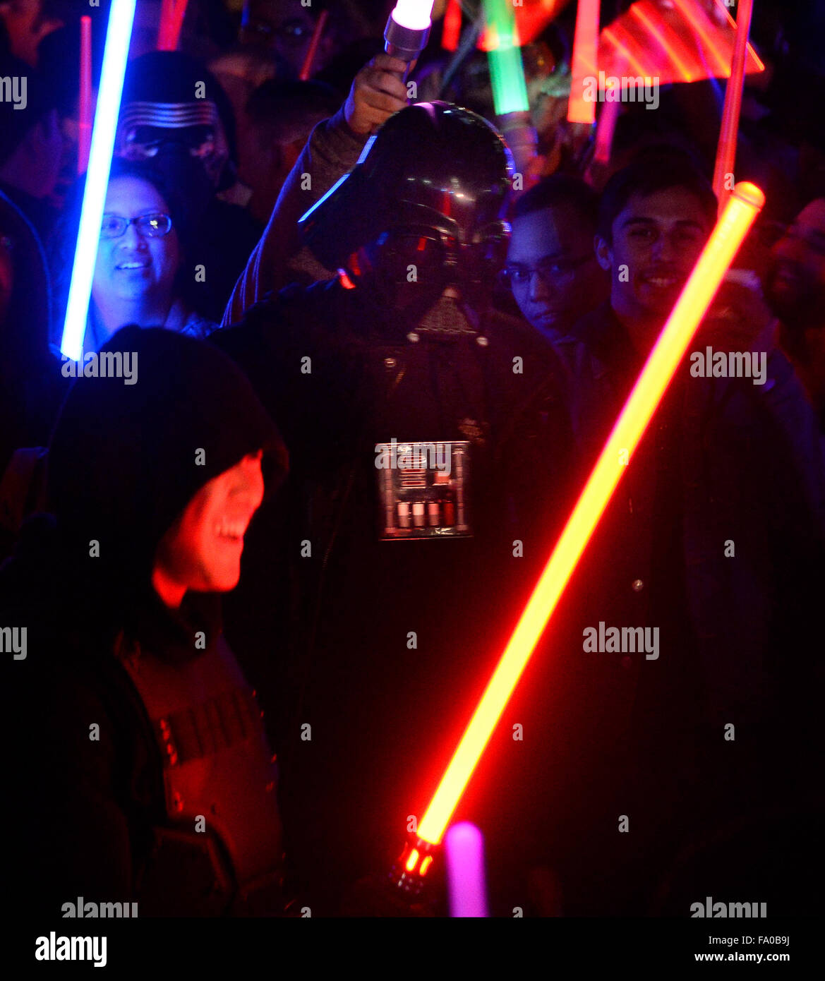 Los Angeles, California, USA. 18th Dec, 2015. A lightsaber battle takes ...
