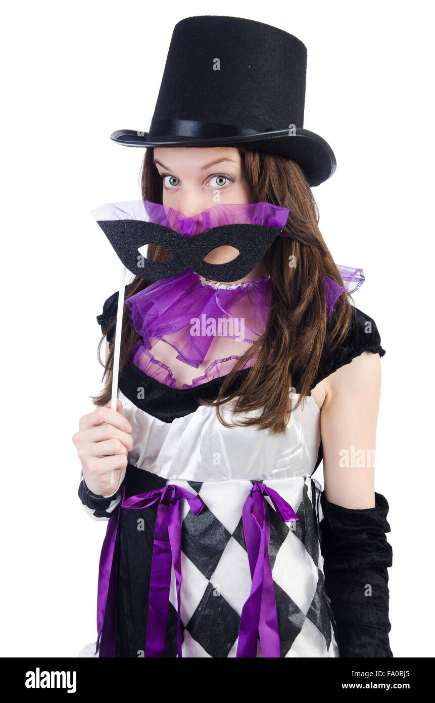Pretty girl in jester costume isolated on white Stock Photo - Alamy