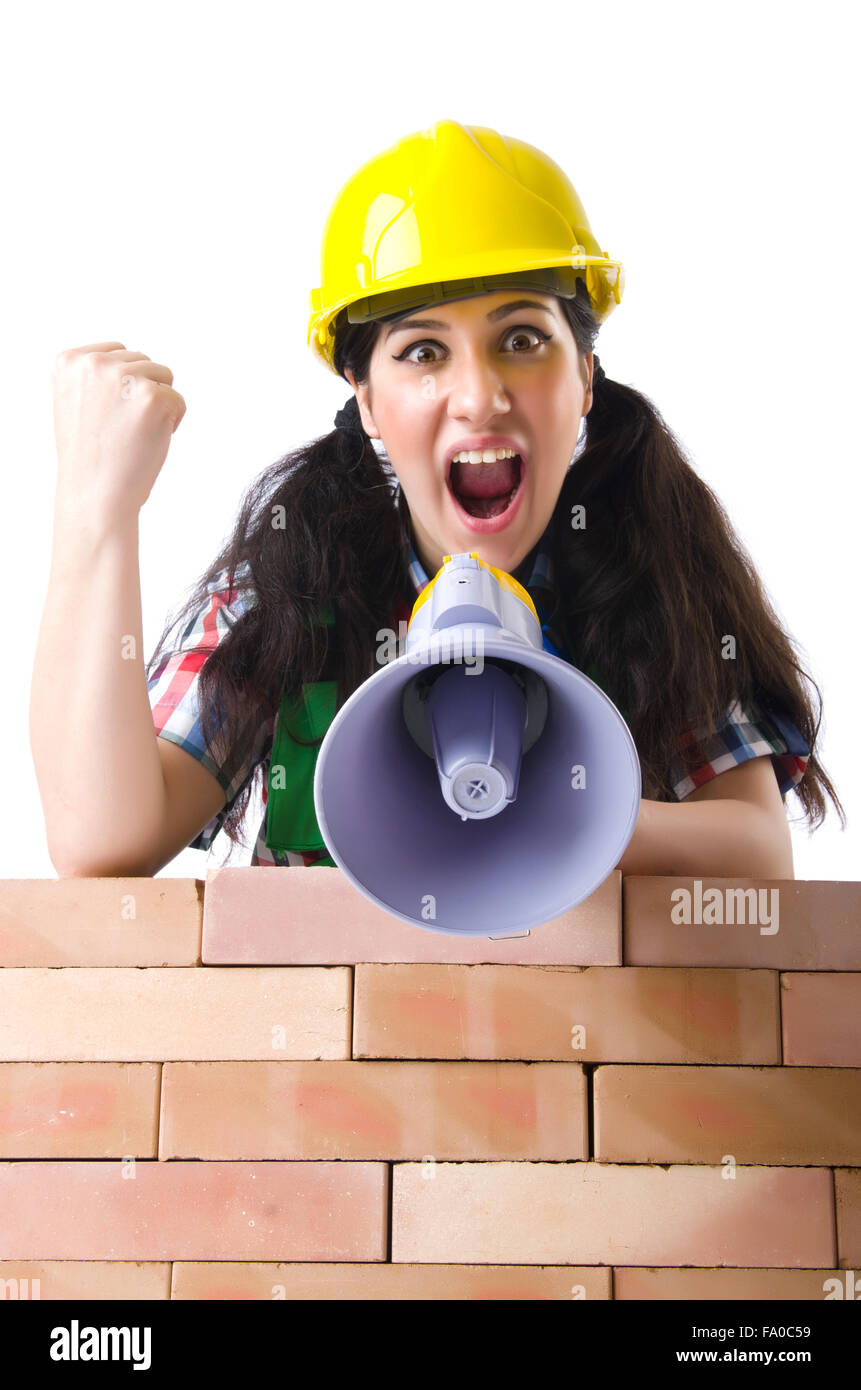 Woman with loudspeaker isolated on white Stock Photo - Alamy