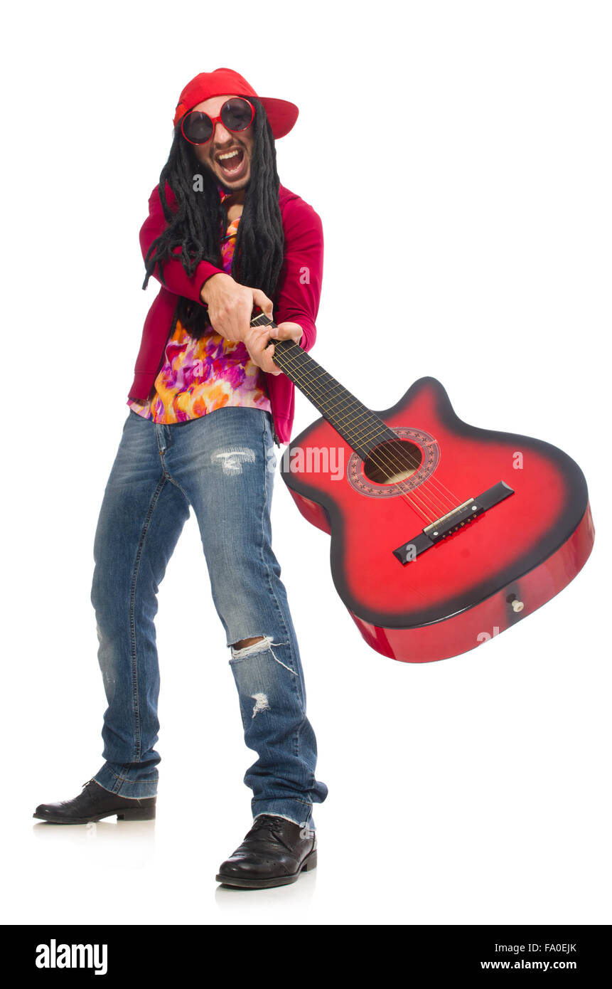 Male musician with guitar isolated on white Stock Photo - Alamy