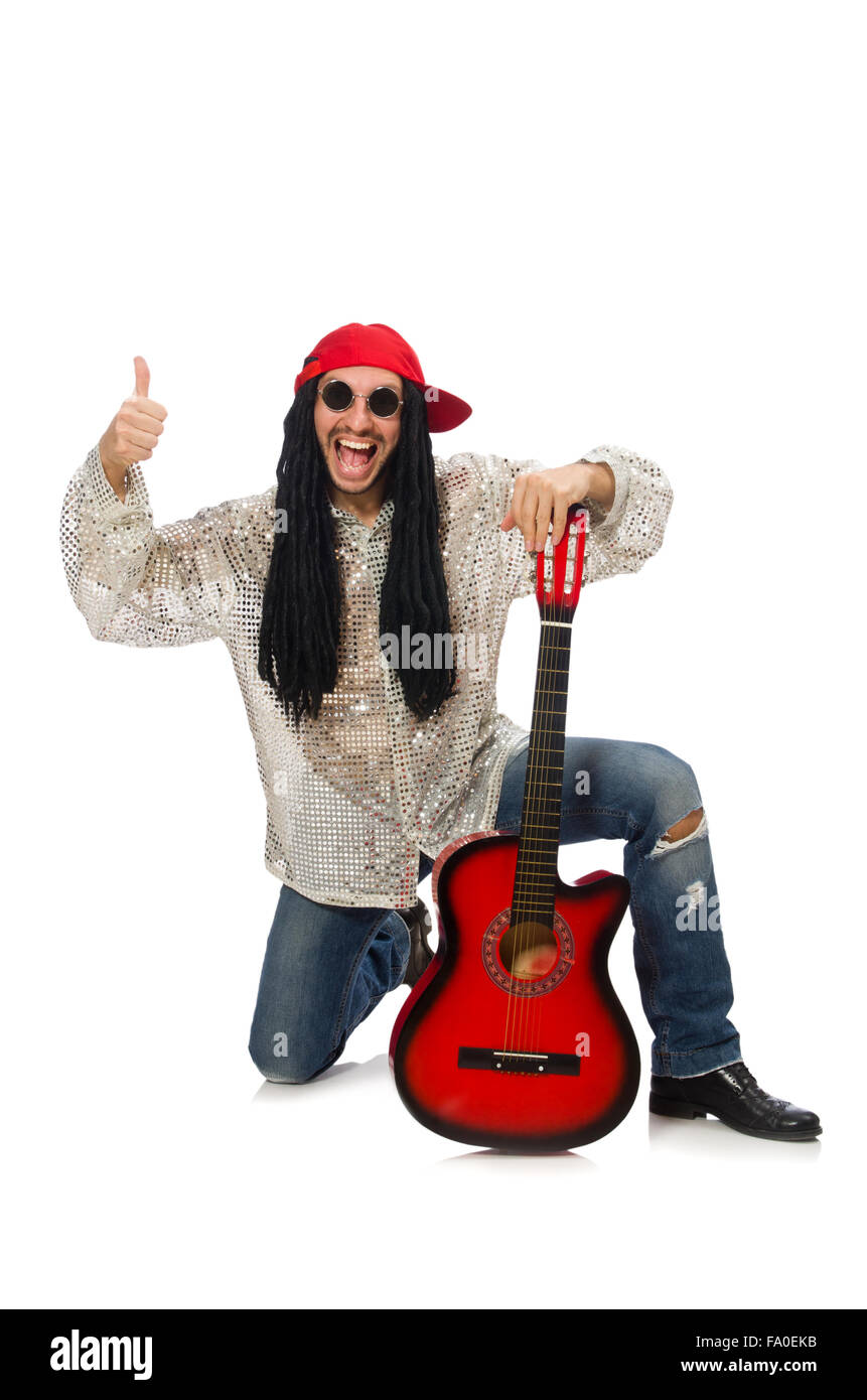 Male musician with guitar isolated on white Stock Photo - Alamy