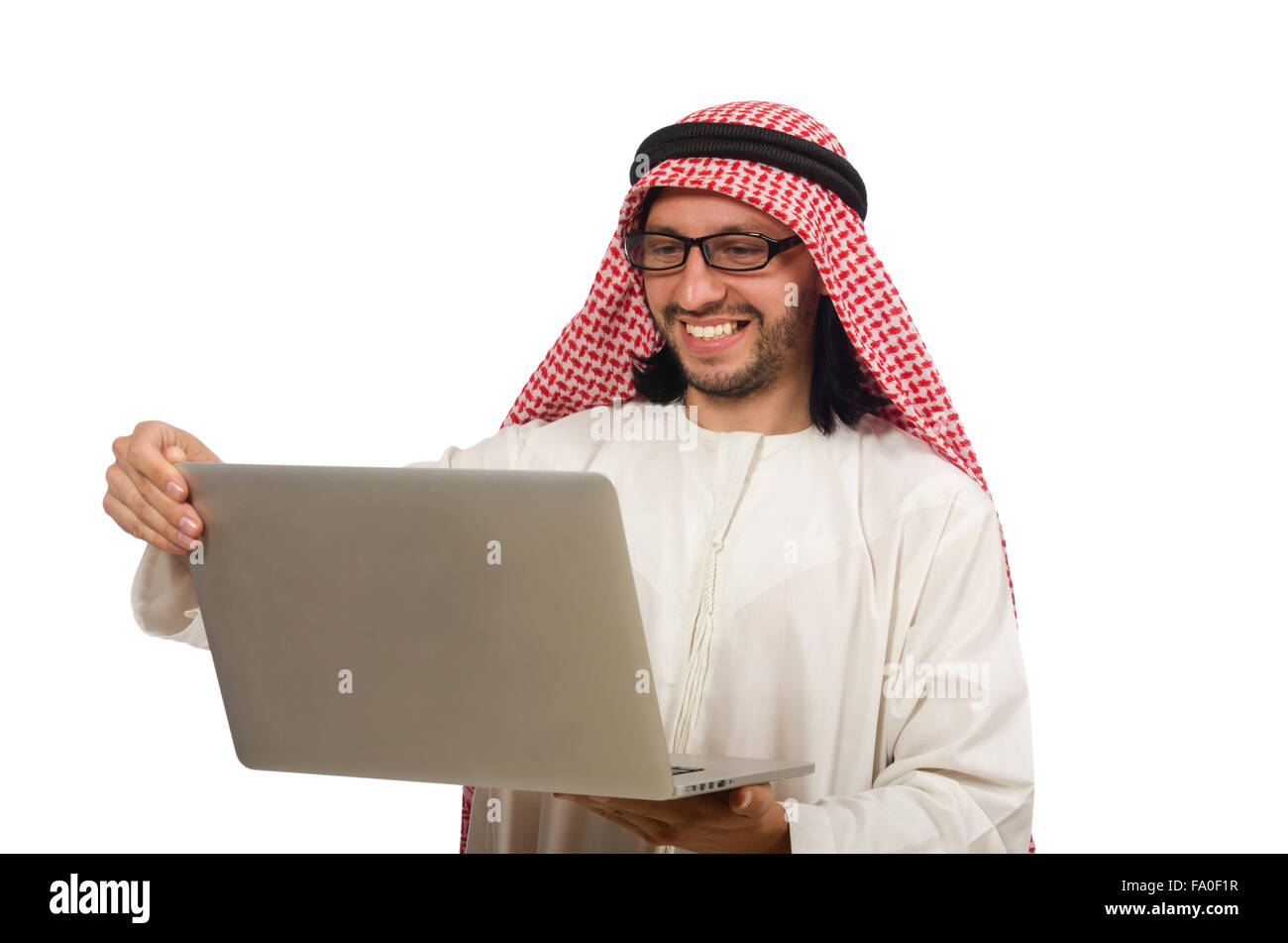 Arab man with laptop isolated on white Stock Photo - Alamy