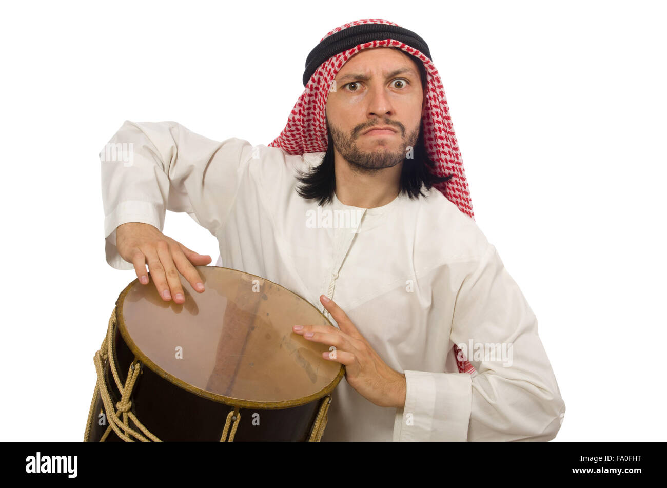 Arab man playing drum isolated on white Stock Photo - Alamy