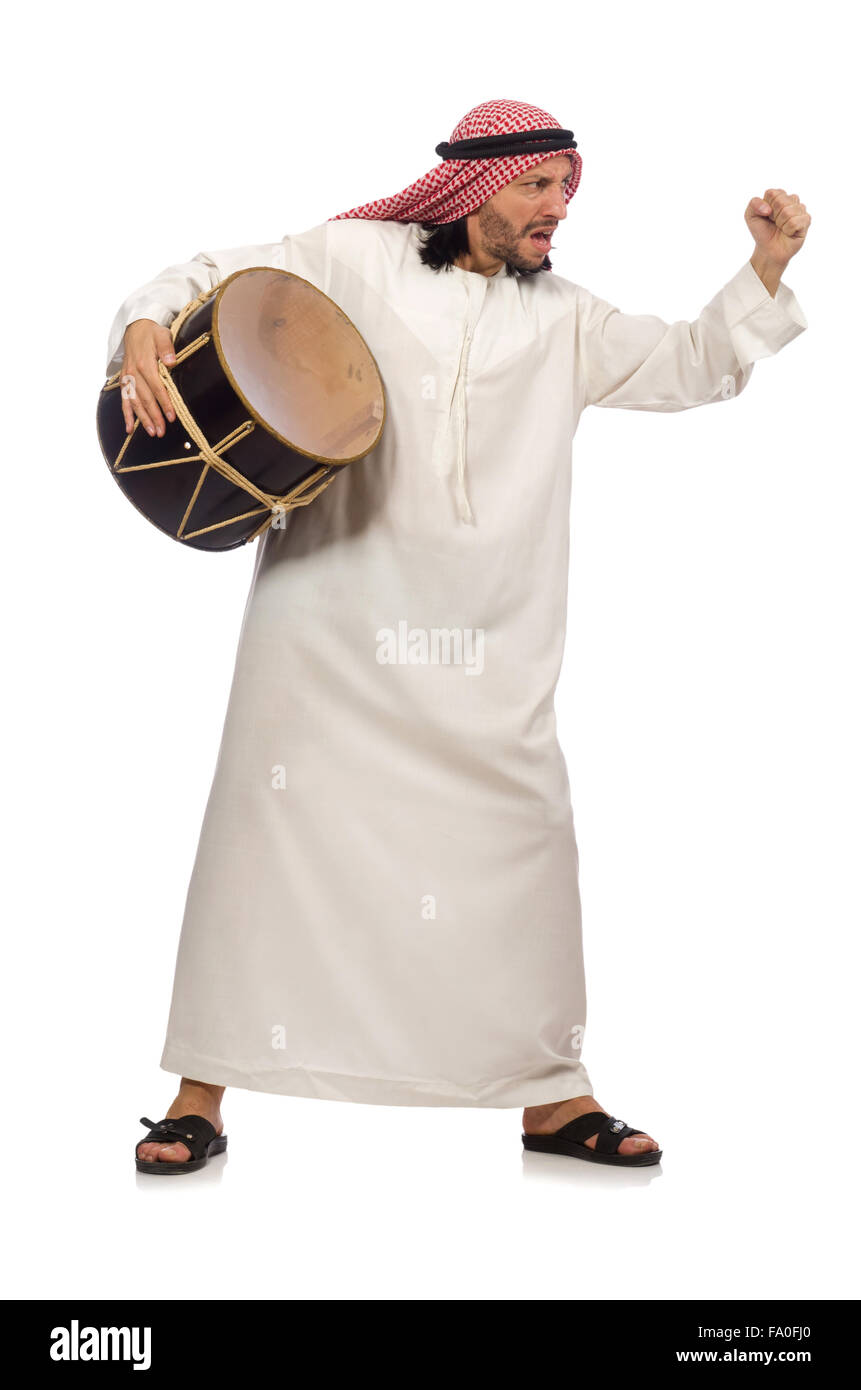 Arab man playing drum isolated on white Stock Photo - Alamy