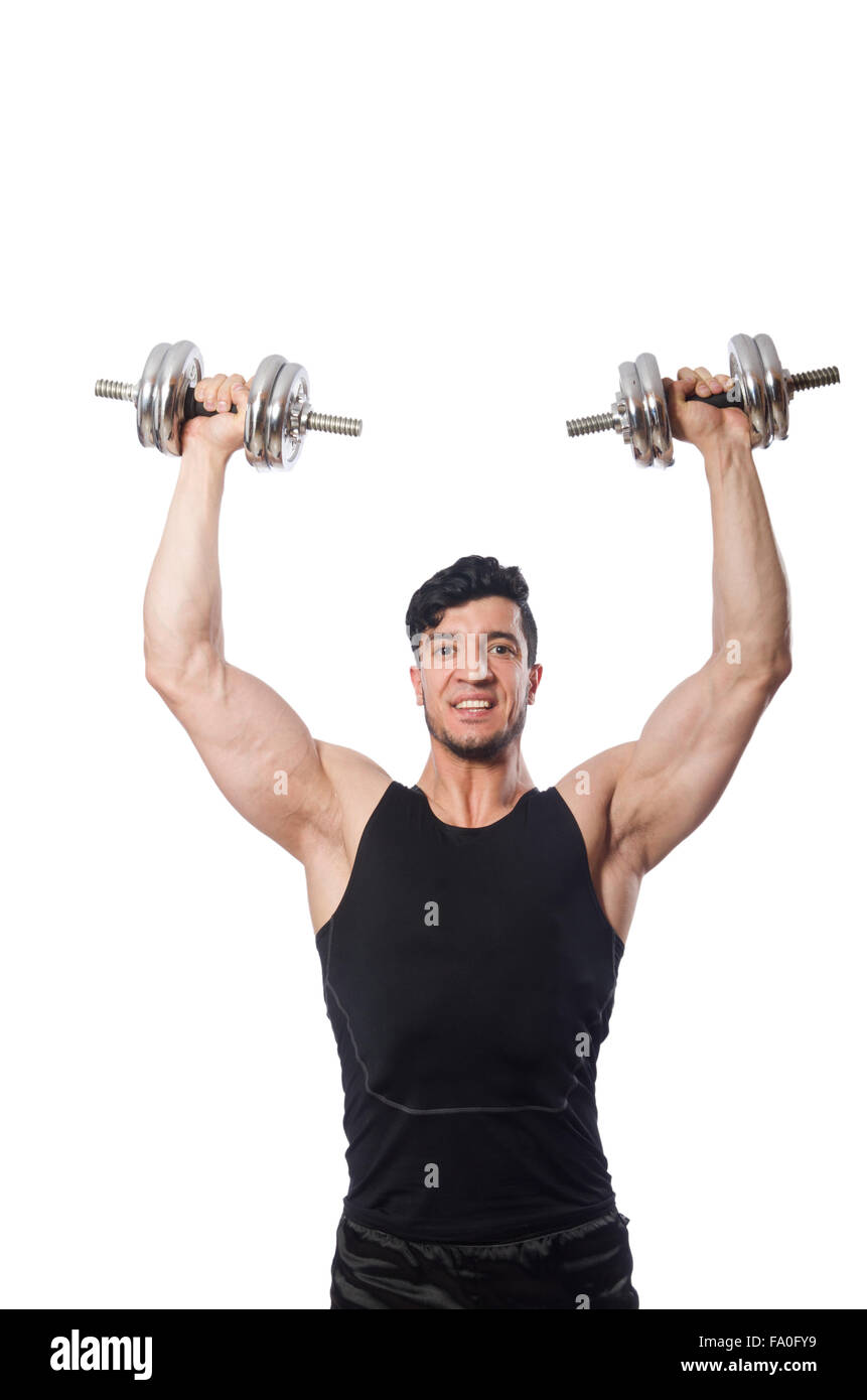Man with dumbbells isolated on white Stock Photo - Alamy