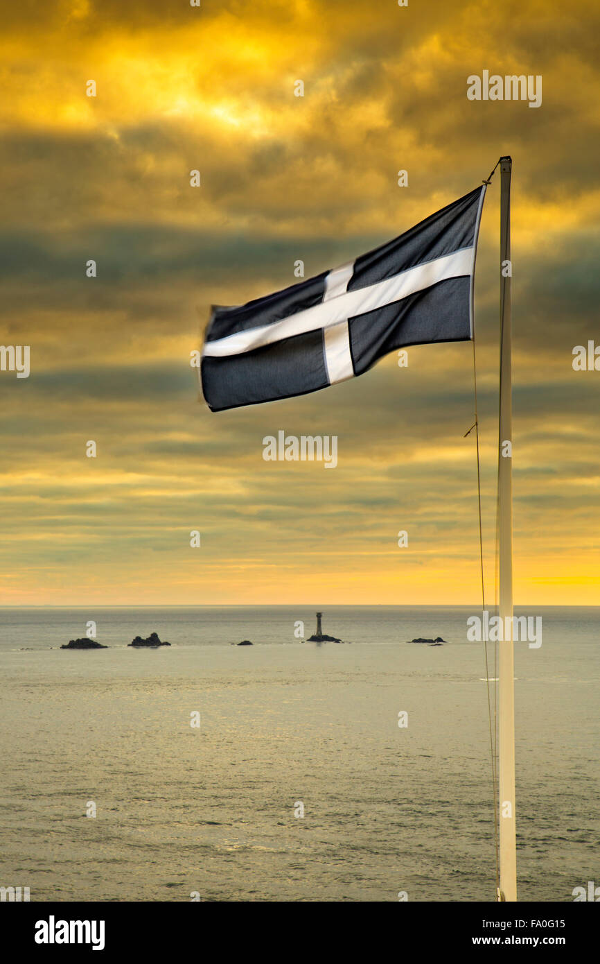 Land's End; St Piran's Flag; Looking to Longships Lighthouse; Cornwall ...