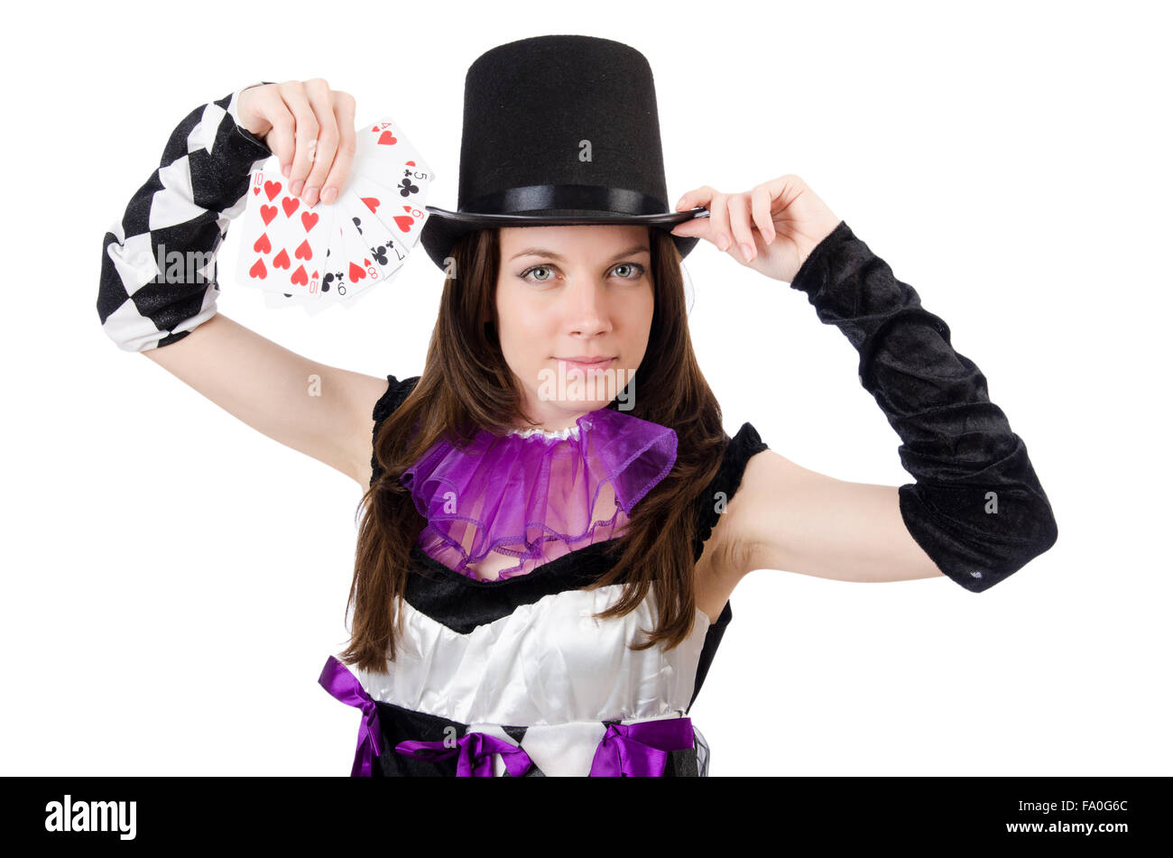 Pretty girl in jester costume with cards isolated on white Stock Photo ...