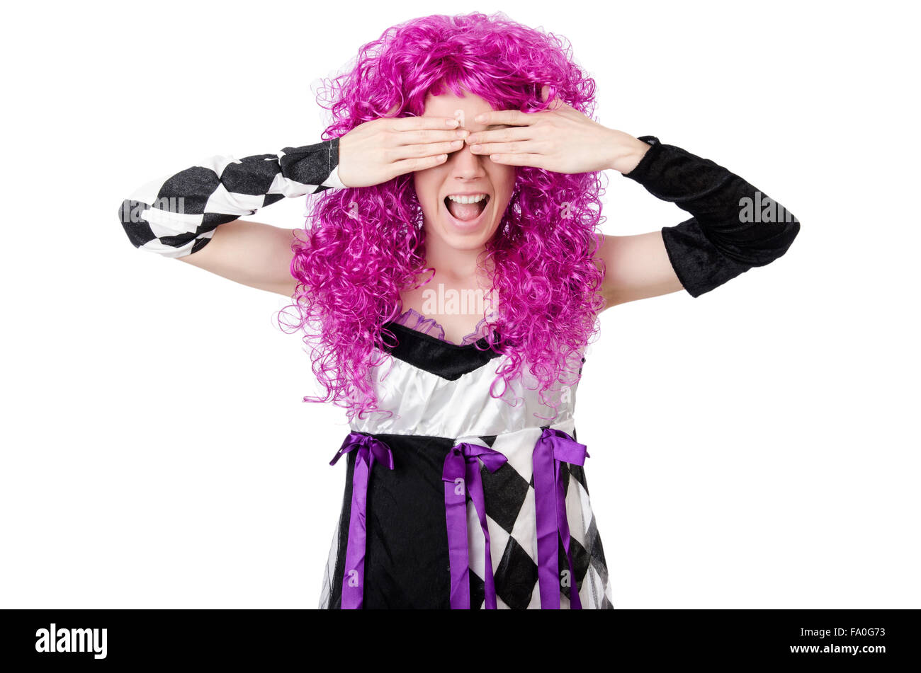 Pretty girl in jester costume isolated on white Stock Photo - Alamy