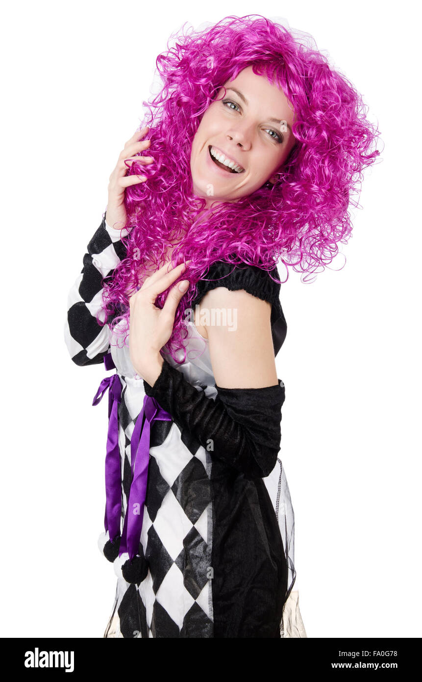 Pretty girl in jester costume isolated on white Stock Photo - Alamy