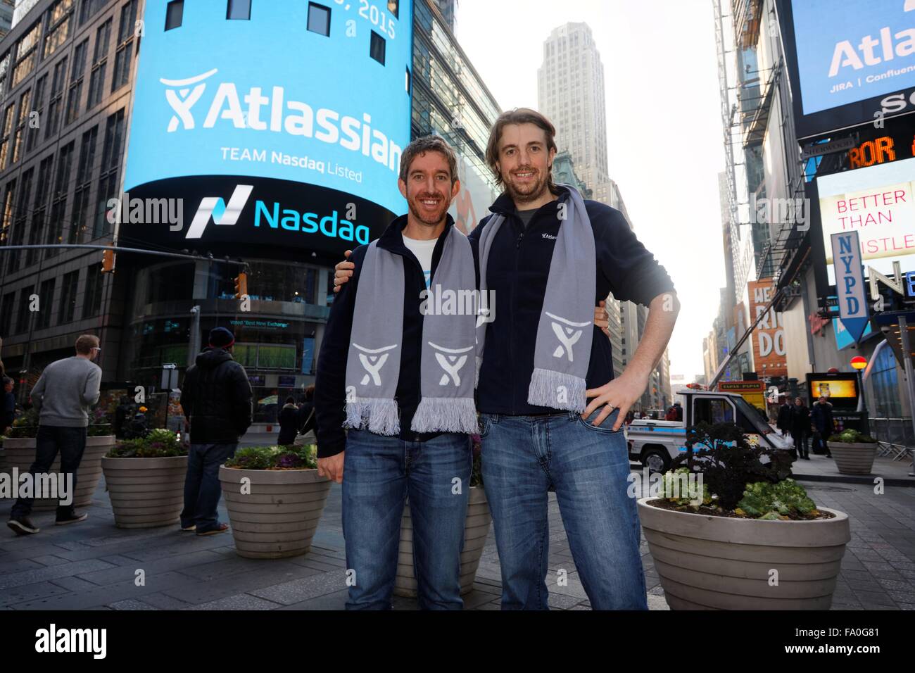 New York, Dec 10, 2015. Atlassian co-founders Scott Farquhar (left) and ...