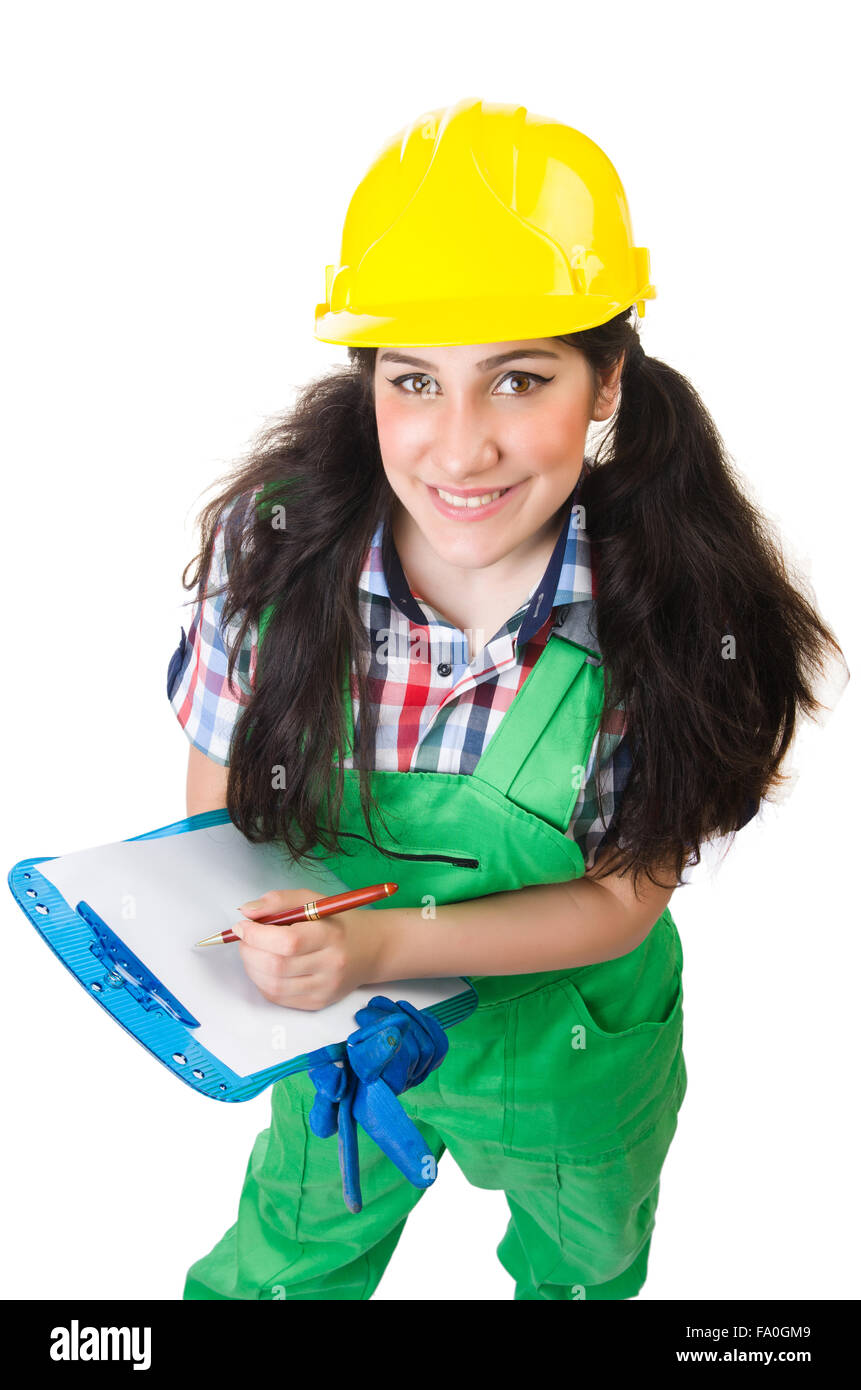 Female workman in green overalls isolated on white Stock Photo - Alamy