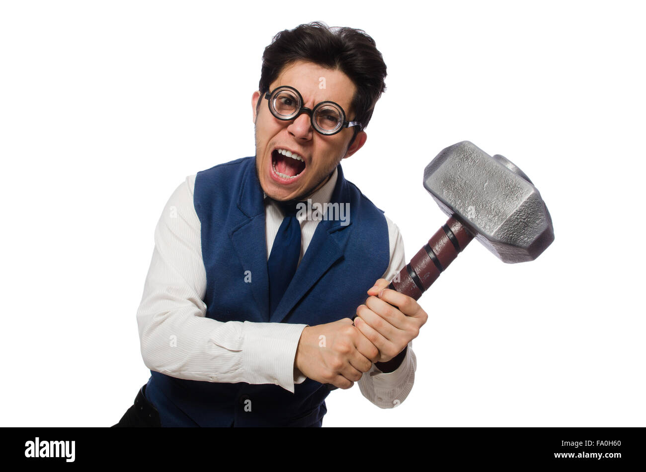 Young man holding hammer isolated on white Stock Photo - Alamy