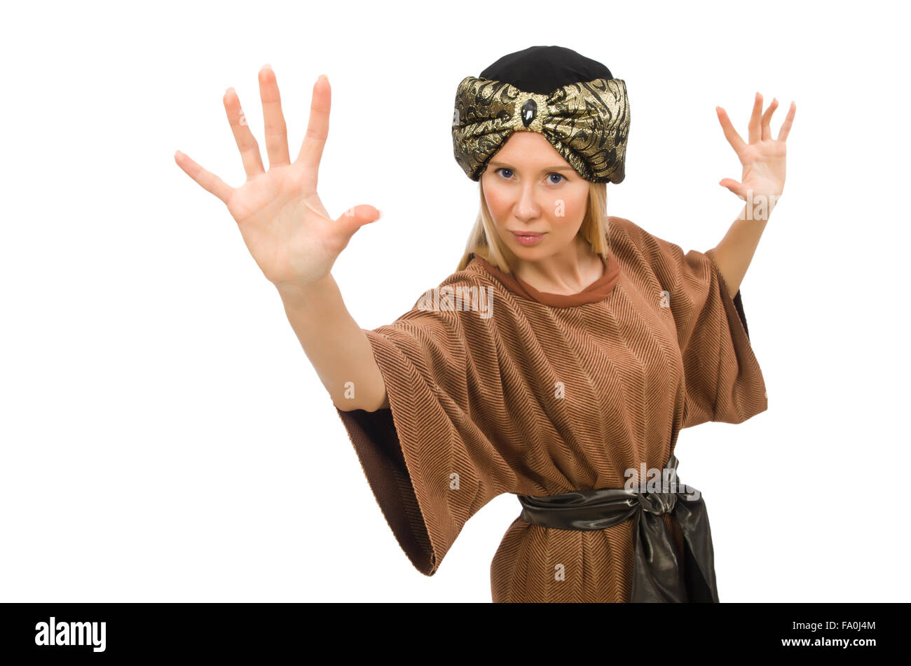 Woman wearing medieval arab clothing on white Stock Photo - Alamy