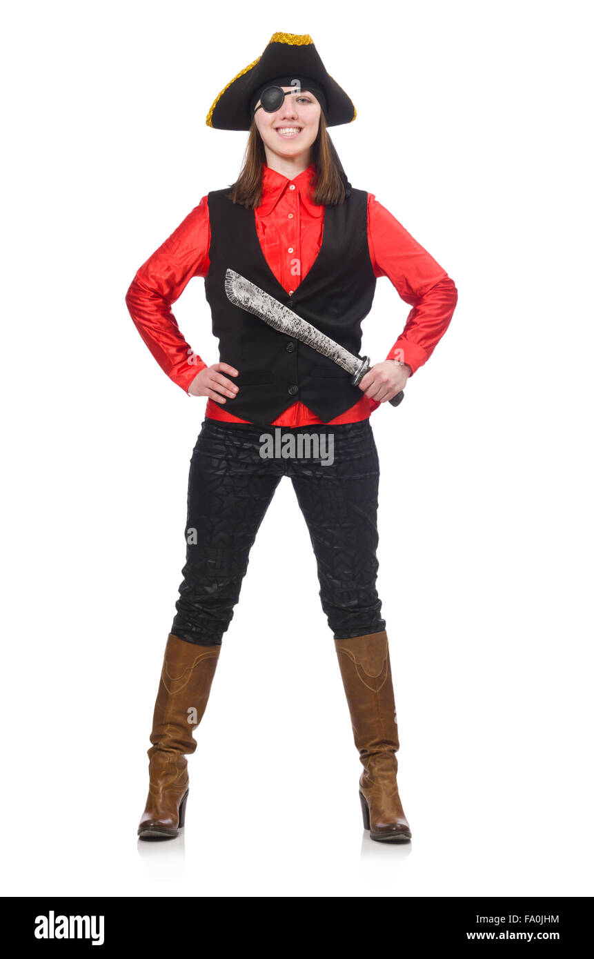 Female pirate holding sword isolated on white Stock Photo - Alamy