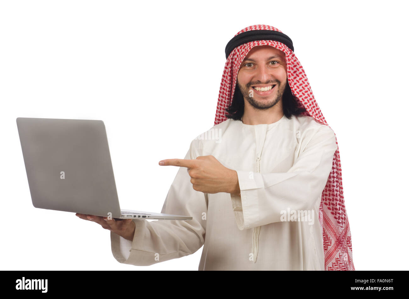 Arab man with laptop isolated on white Stock Photo - Alamy