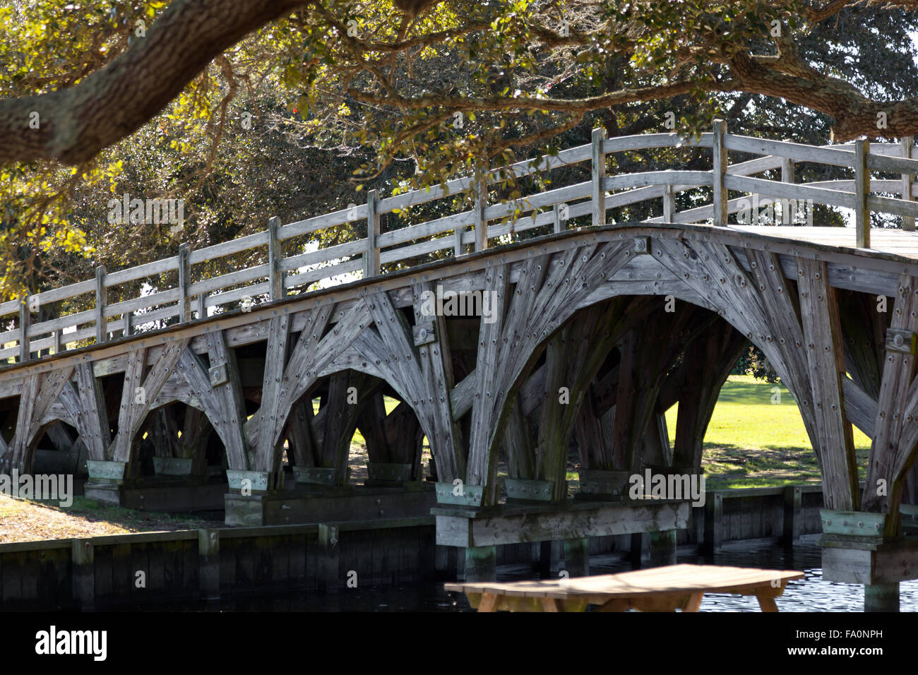 An old bridge going over an inlet at the Currituck Heritage Park in ...