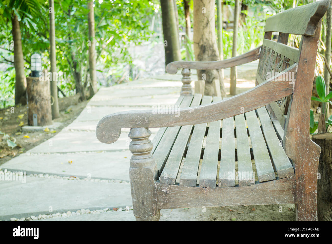 Wooden benches in a pedestrian rest area, stock photo Stock Photo - Alamy