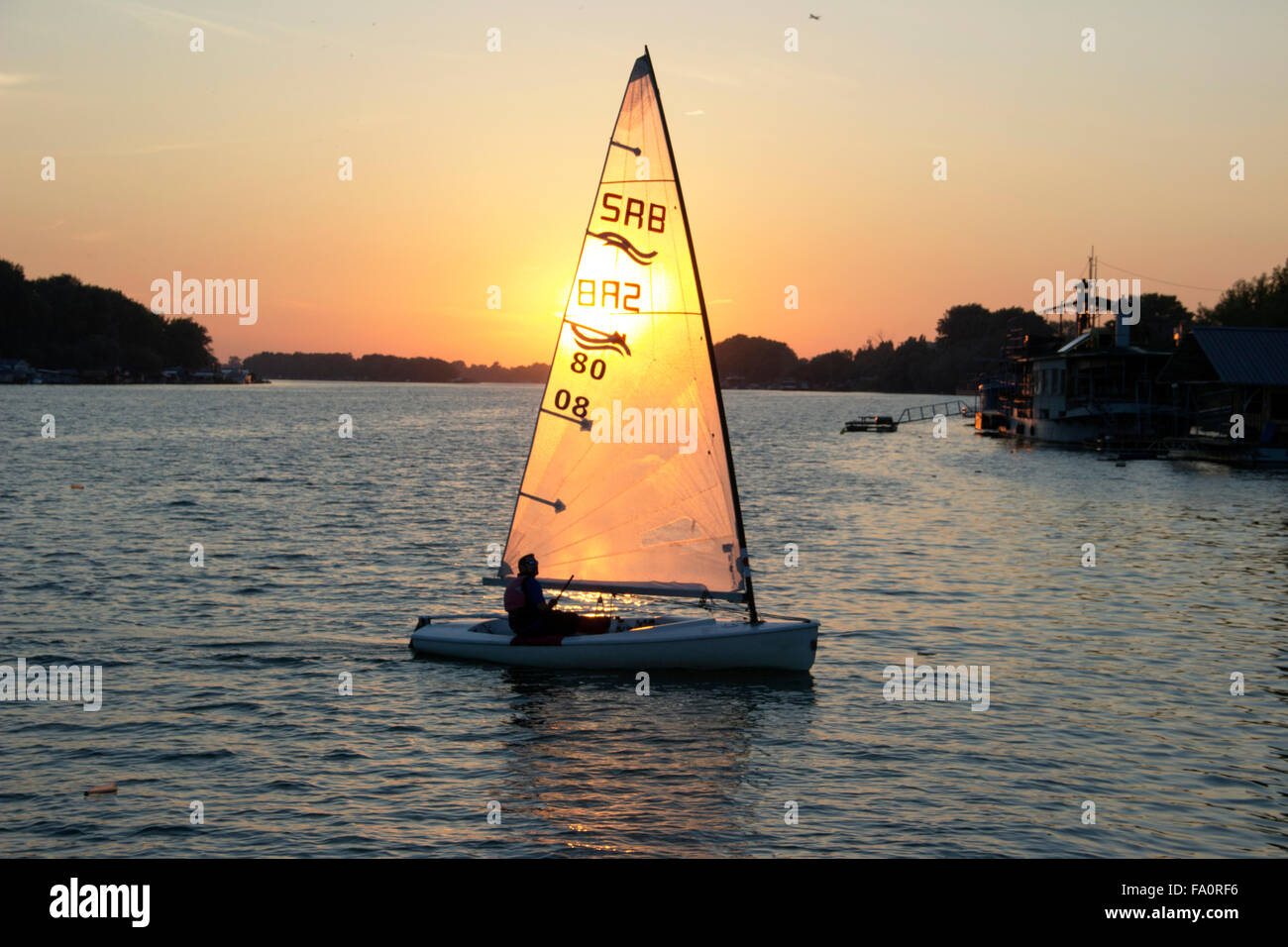 Belgrade, Serbia - Finn-Class yacht sailing at sunset Stock Photo - Alamy