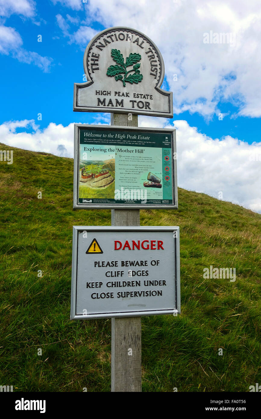 National Trust sign at Mam Tor, Derbyshire danger warning Stock Photo ...