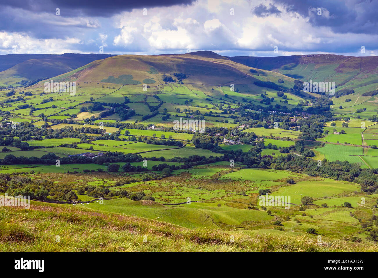 Edale village below Kinder Scout moors, Edale, summer Stock Photo - Alamy
