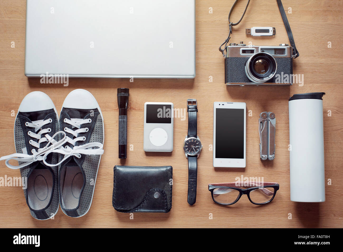 Overhead of essentials for modern young person Stock Photo - Alamy