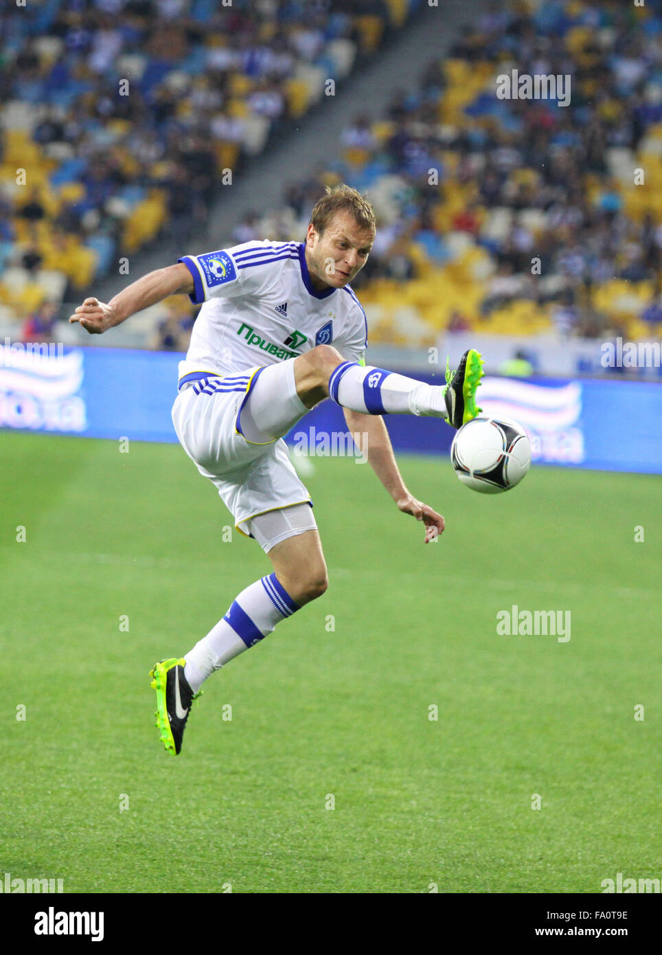 KYIV, UKRAINE - APRIL 27, 2013: Oleg Gusev of FC Dynamo Kyiv controls a ball during Ukraine ...