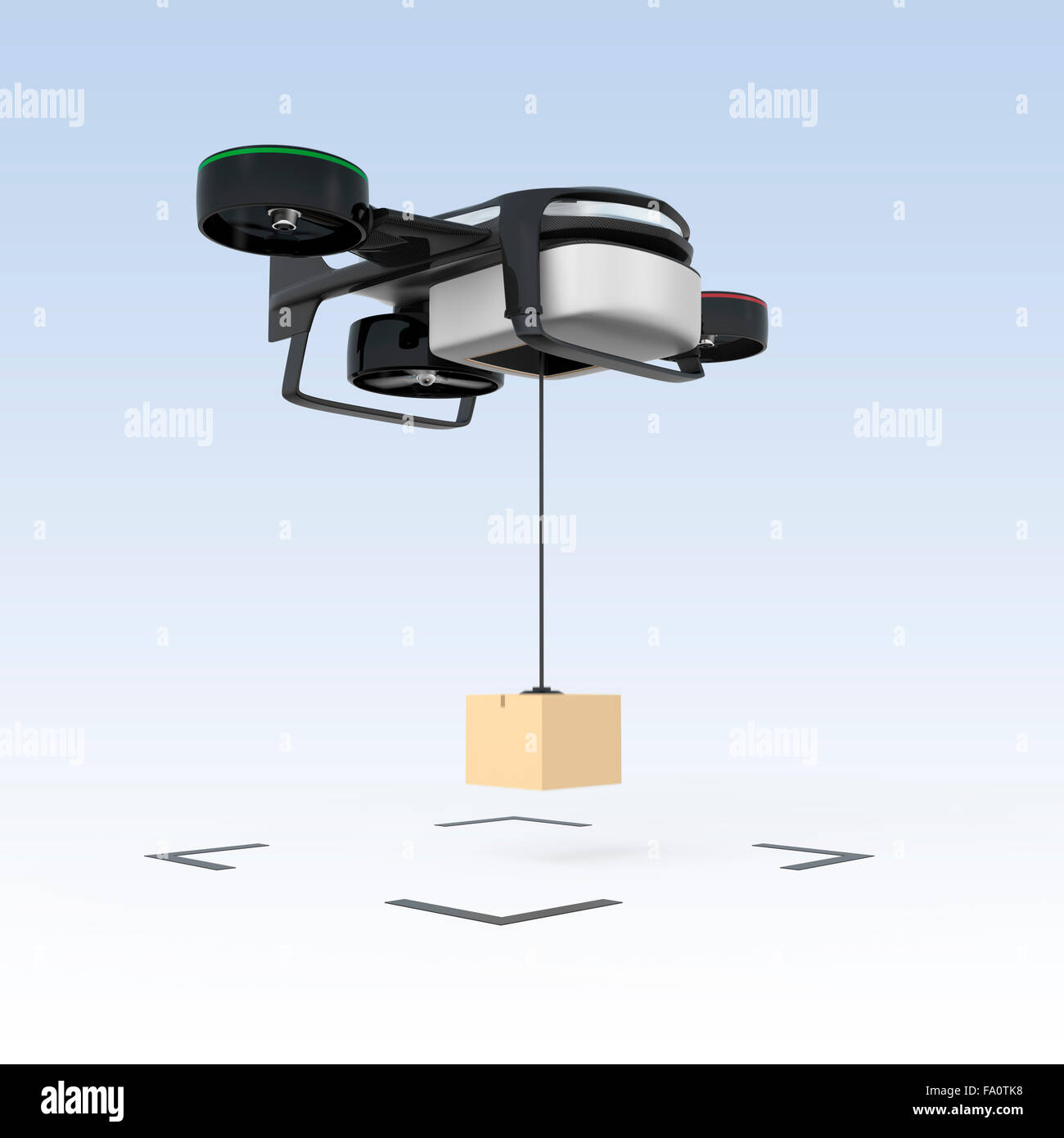 Drone drop down carton to the ground. Fast business delivery concept ...